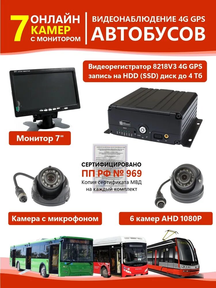 Комплект 7 камеры видеонаблюдения в автобус и общественный транспорт c 4G GPS онлайн мониторингом