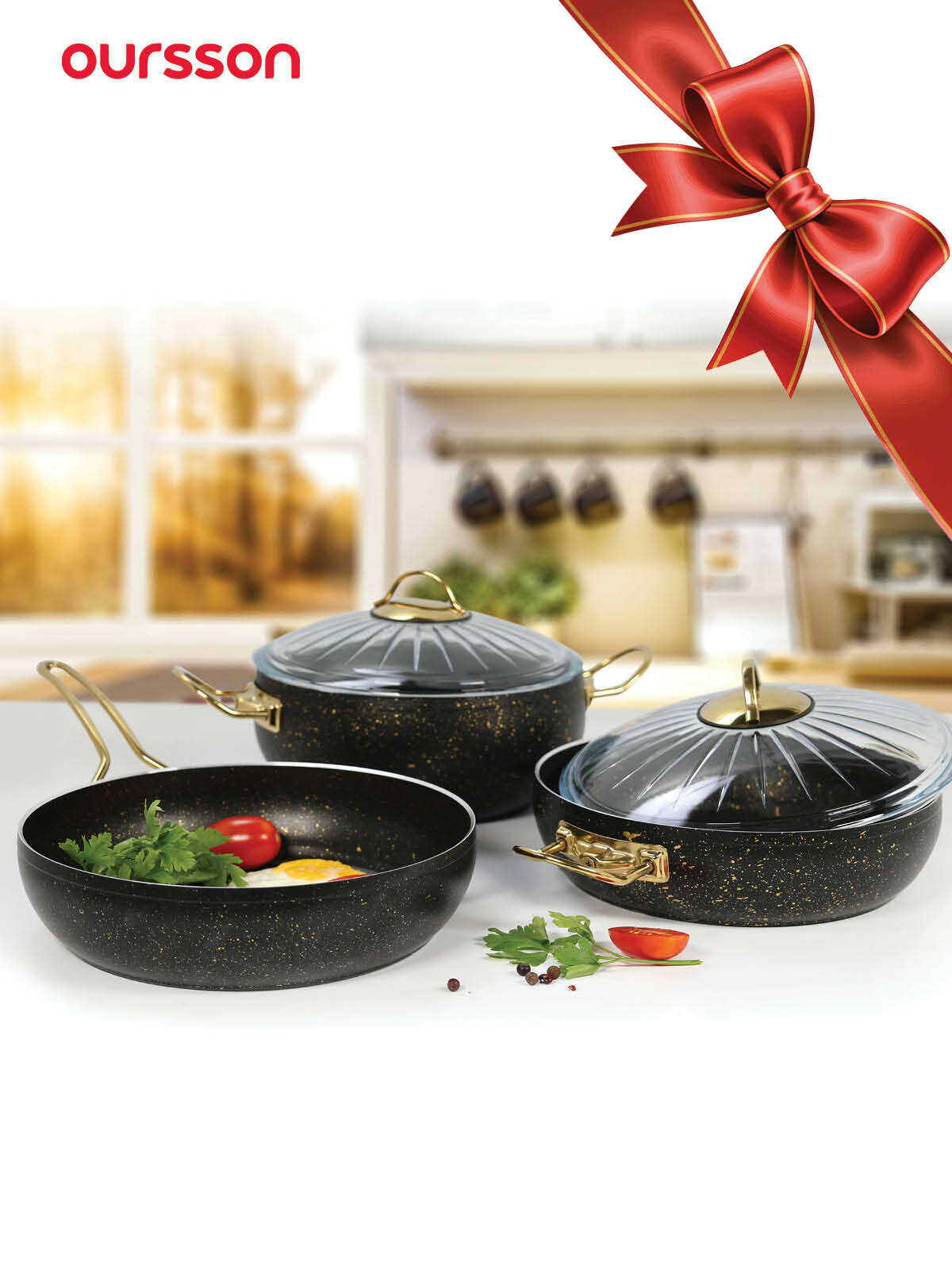 Набор посуды Oursson BLACK GOLD CS2607A/BL, алюминий, антипригарное покрытие, 4л, 3мм