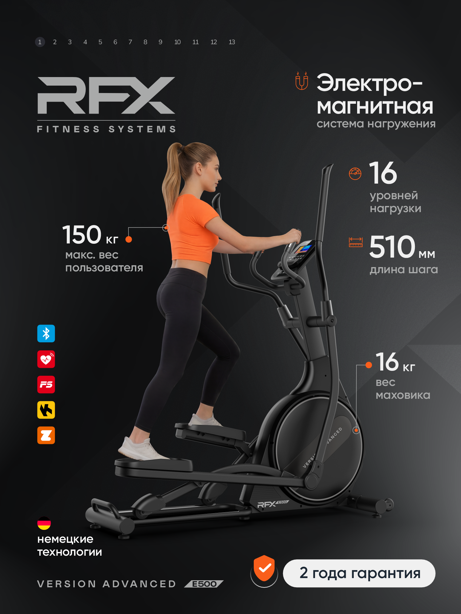 Эллиптический тренажер домашний электрический RFX E500 до 150 кг, вес маховика 16 кг, 16 уровней нагрузки