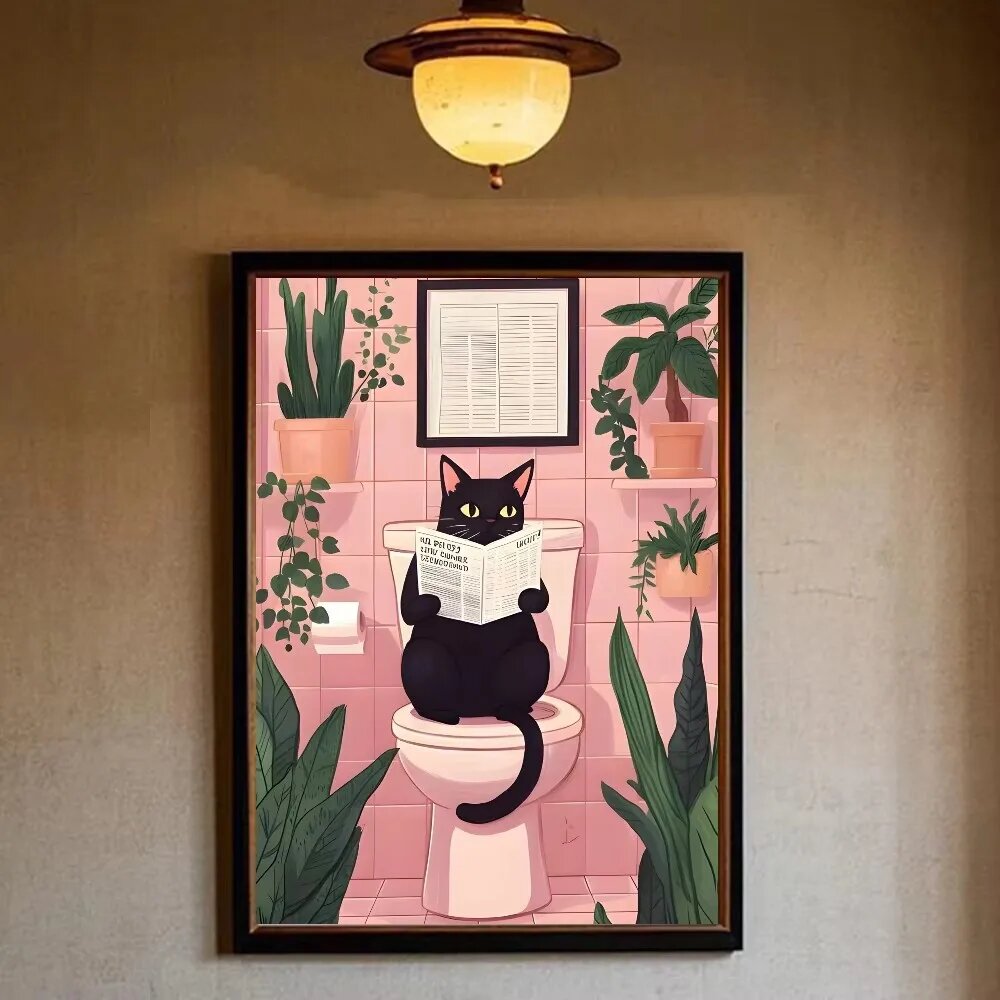 Абстрактный принт на холсте "Черная кошка, читающая газеты на Черный, WO1769-2, 50X70cm Unframed