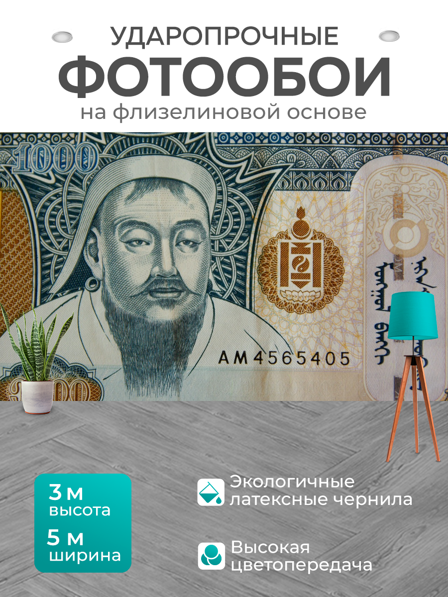 Фотообои моющиеся ударопрочные "Серебро, чингисхан, билет" 500x300 см. флизелиновые на стену