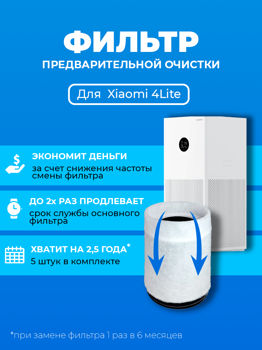 Фильтр для очистителя воздуха Xiaomi mi air purifier 4 Lite предварительной очистки. 5 шт. в комплекте. (Префильтр)