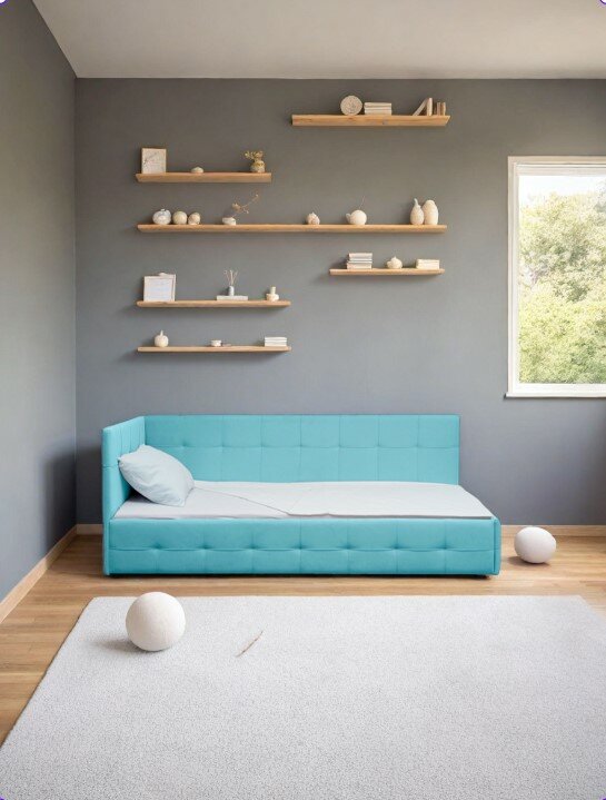 Детская кровать "Банни" М-Стиль, ортопедическое основание, велюр, бирюзовая, с матрасом