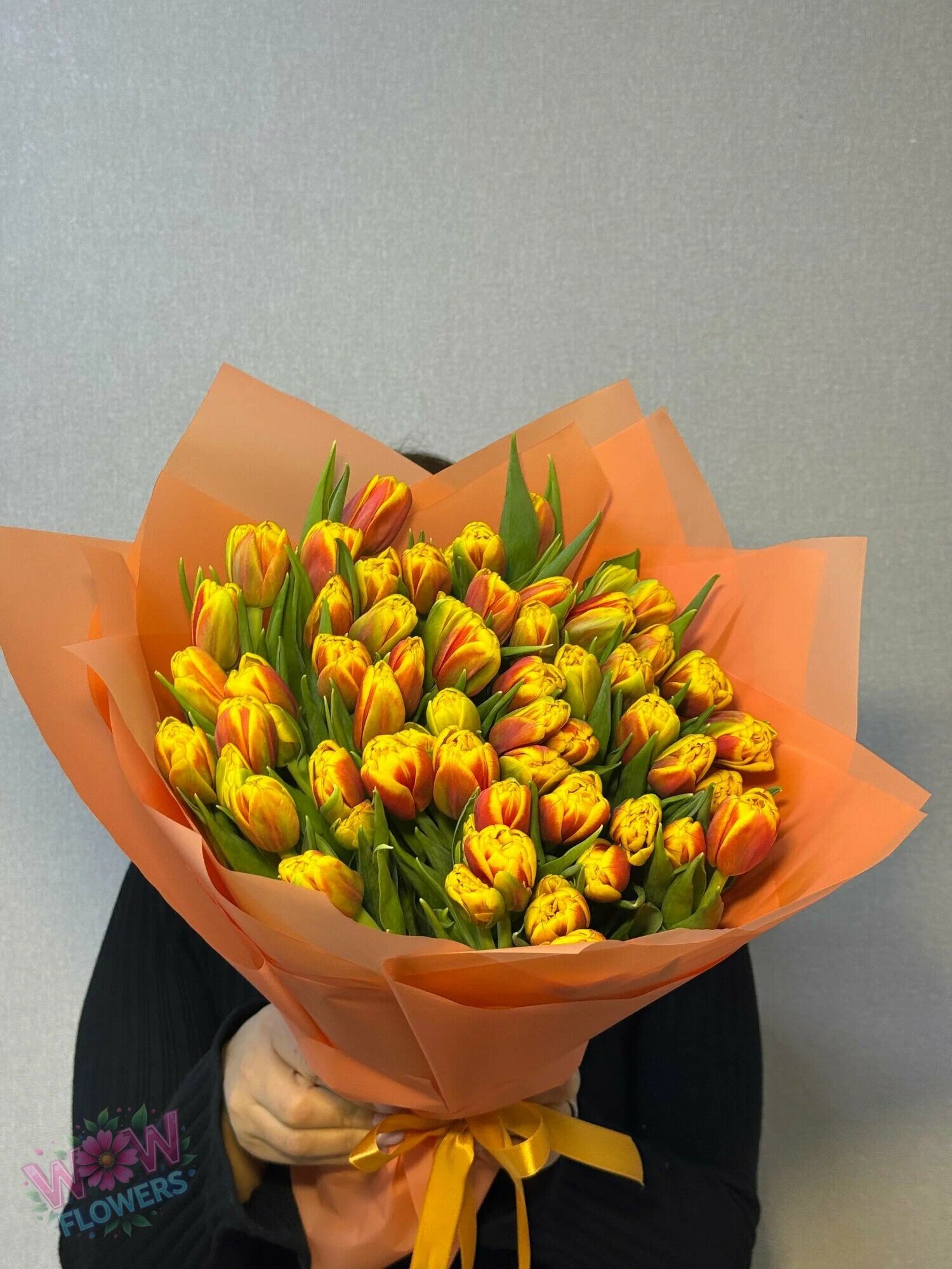 Букет из живых цветов WOW цветочки | Пионовидные тюльпаны 49 штук, монобукет