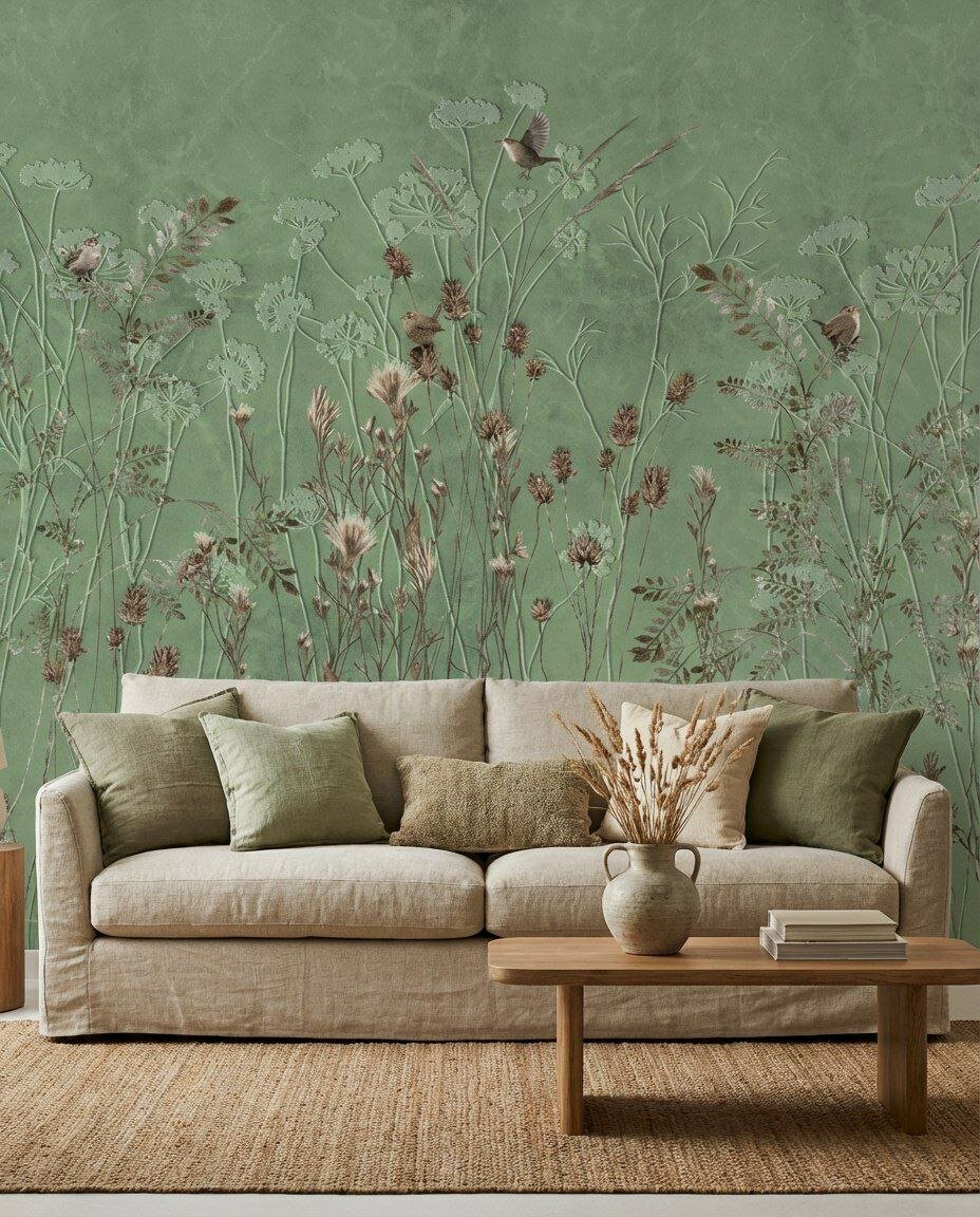 Обои бесшовные "Птички крапивники" оливковый №7 (ширина 3100мм х длина 6000мм)
