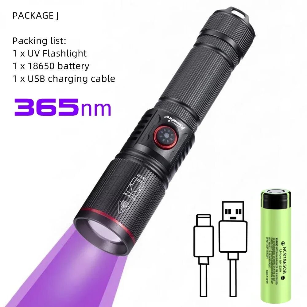 УФ-фонарь 365nm SV96, 18650, USB