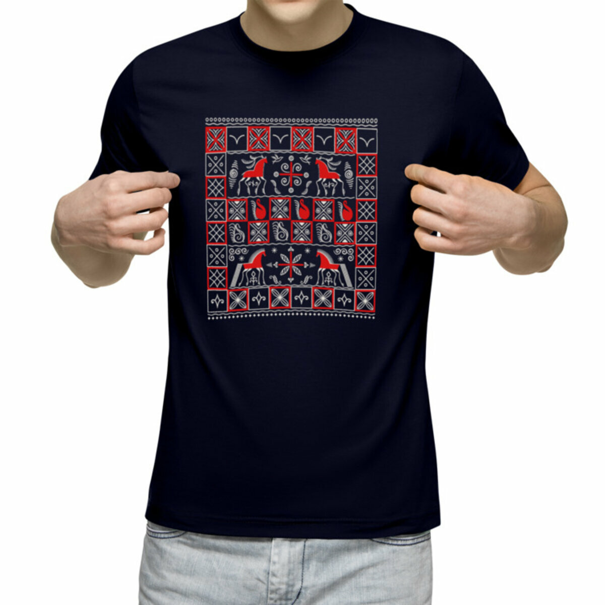 Мужская футболка «Мезенские орнаменты. Узор шахматка.» (темно-синий, 3XL)