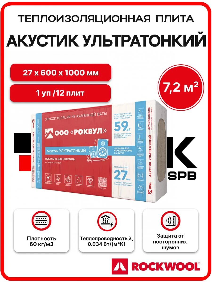 Rockwool Акустик Баттс Ультратонкий 27 мм (1 уп. / 7,2 м2 / 12 шт.) минеральная вата для пола, потолка, стен