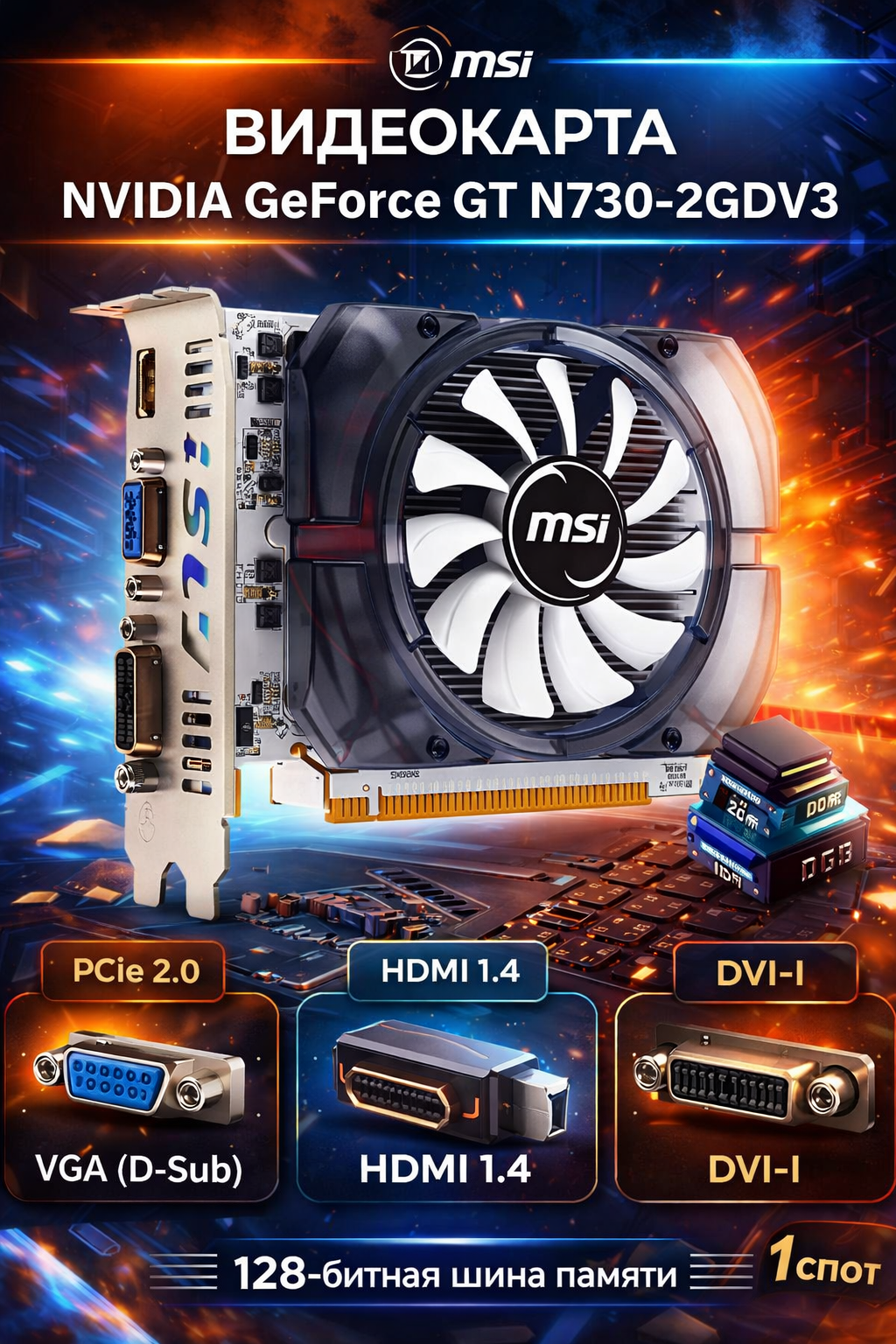 Видеокарта VGA MSI NVIDIA GeForce GT N730-2GD3V3 2GB, DDR3/128-bit, PCIe 2.0, 1xD-Sub, 1xHDMI 1.4, 1xDVI-I, 1-slot (MSI N730-2GD3V3)