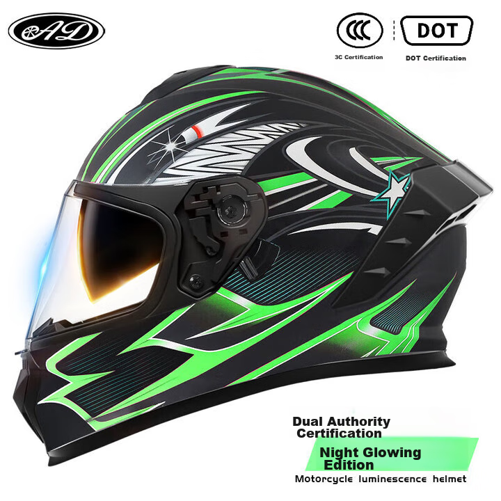 AD Motorcycle Helmet, Glow-In Helmet, Winter Warmth, New National Standard 3C Certified, Motorcycle Full-Face Helmet, Unisex for All Seasons, DOT Standard Motorcycle Full-Face Helmet, A8 Tai Gun Green