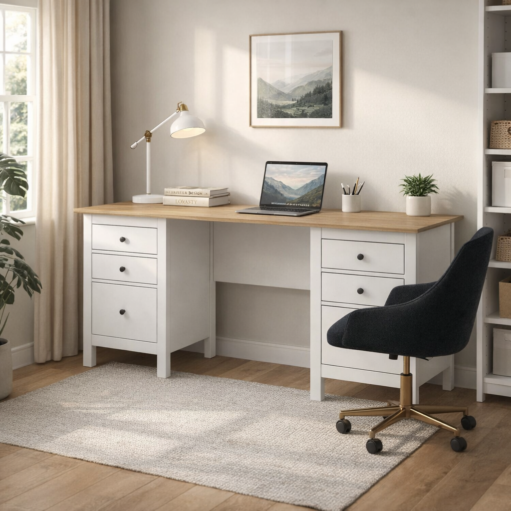 Письменный стол IKEA "Ясень", белый, 161 см x 56 см x 76 см, с 2 тумбами