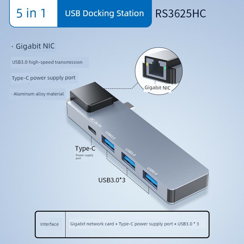 Одиночный тип-С хаб с 5 портами, включая гигабитный этернет и 3 порта USB 3.0 для использования с ноутбуком