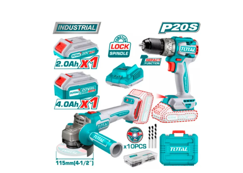 Набор электроинструментов Total TCKLI20273 (шуруповерт, болгарка, 2 АКБ, кейс)