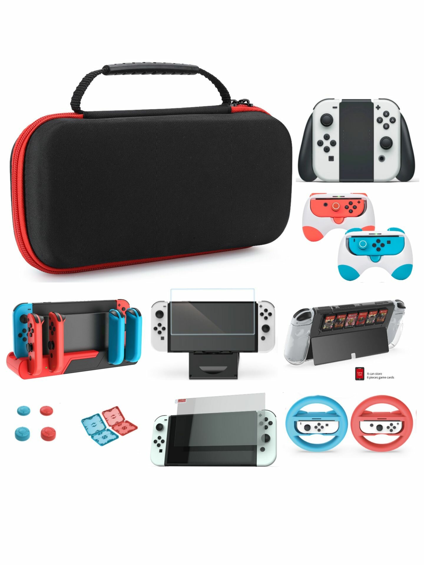 Набор Чехол, подставка, Grip, стекло, зарядная станция Joy-con, рули для Nintendo Switch OLED