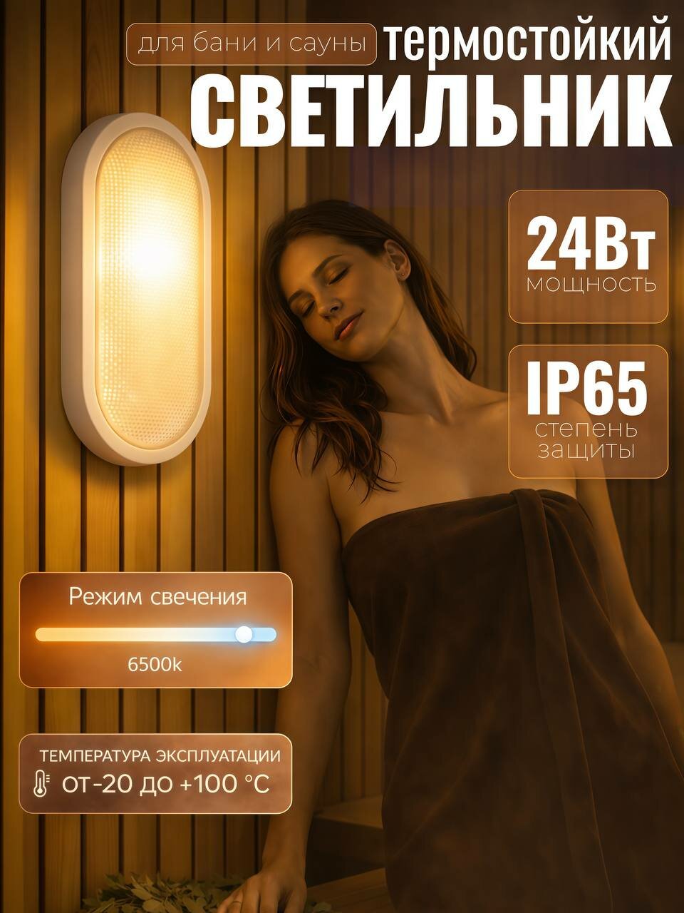 Термостойкий светильник для бани и сауны, ванной комнаты 24Вт / 6500К
