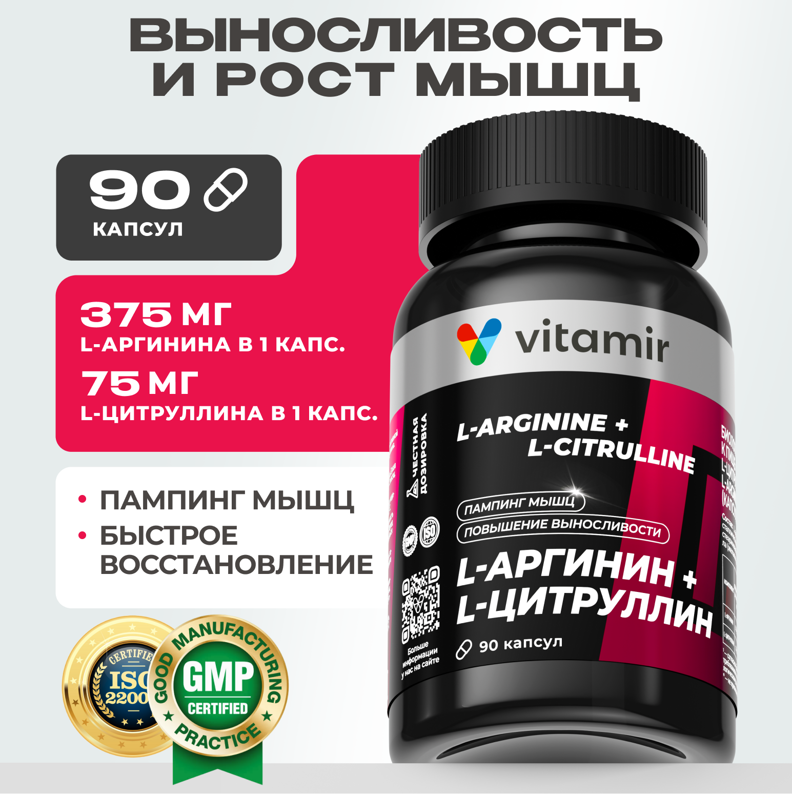 L-аргинин + L-цитруллин комплекс VITAMIR PRO / Аминокислоты комплекс, спортивное питание для мужчин / 90 капсул