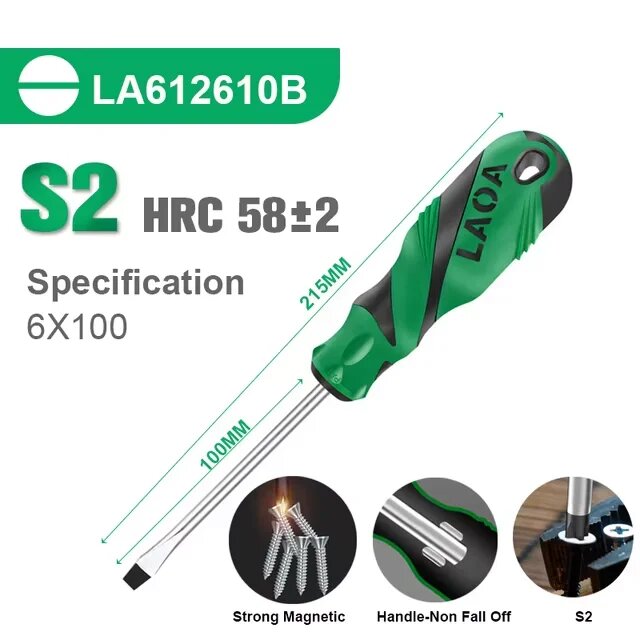 LAOA Отвертка шлицевая S2, LA612610B, 100 мм
