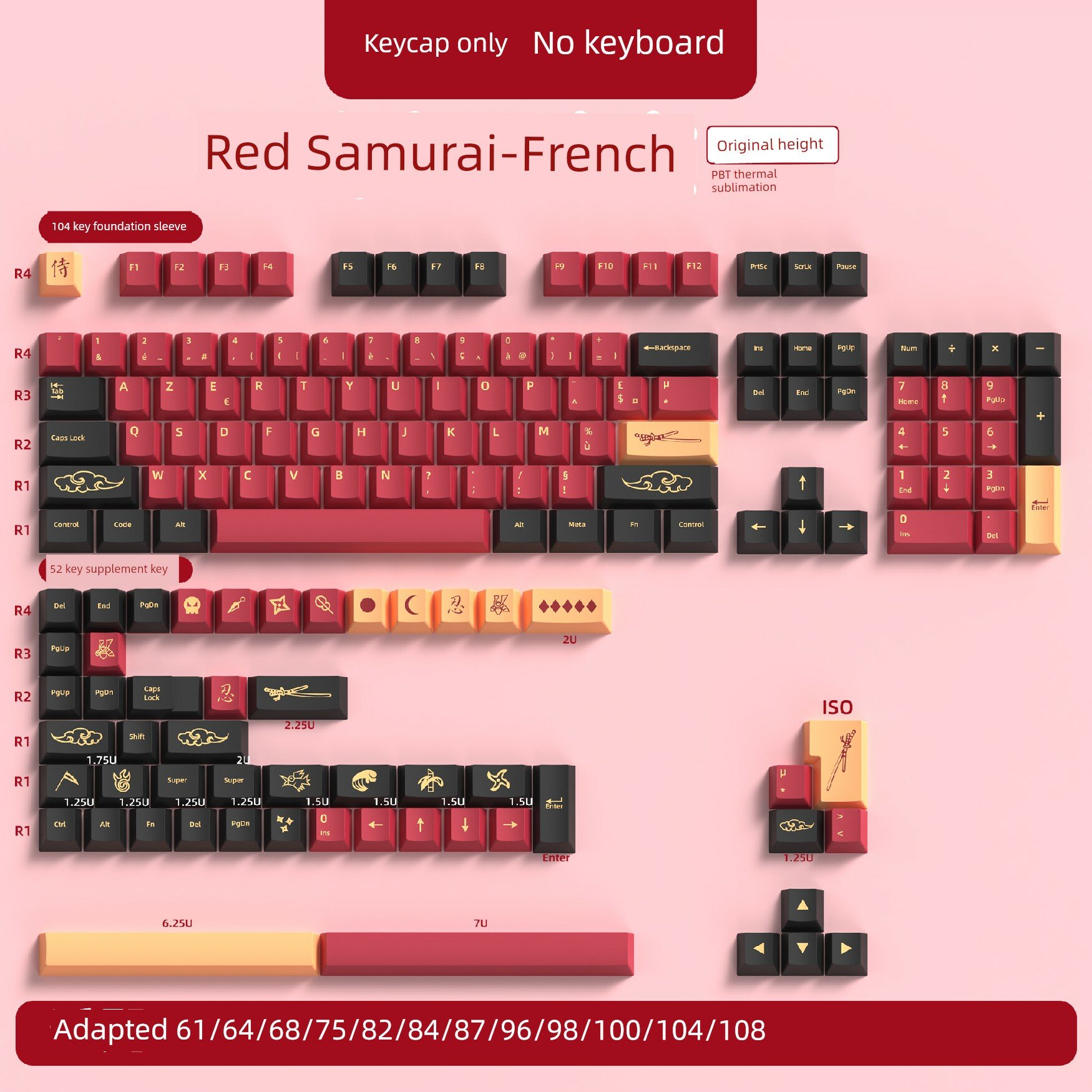 Красные кейкапы Red Samurai (оригинал), совместимые с GMK, для японской, корейской, немецкой, французской, испанской