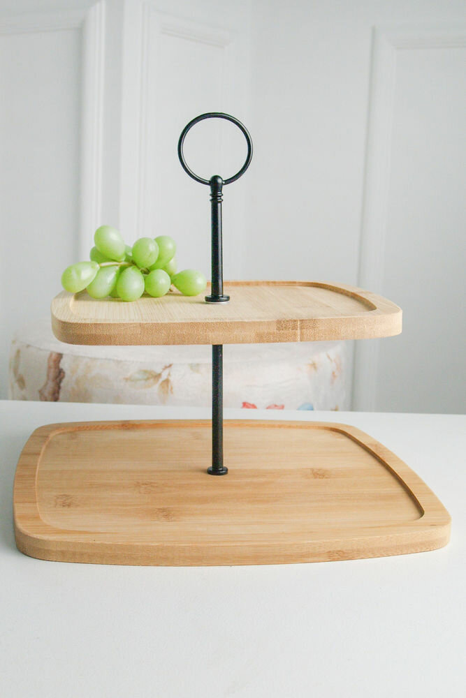 Этажерка для пирожных, фруктов, закусок бамбуччи, дерево, металл, 2 прямоугольных яруса, 23.5 см, Koopman International 170482110-2