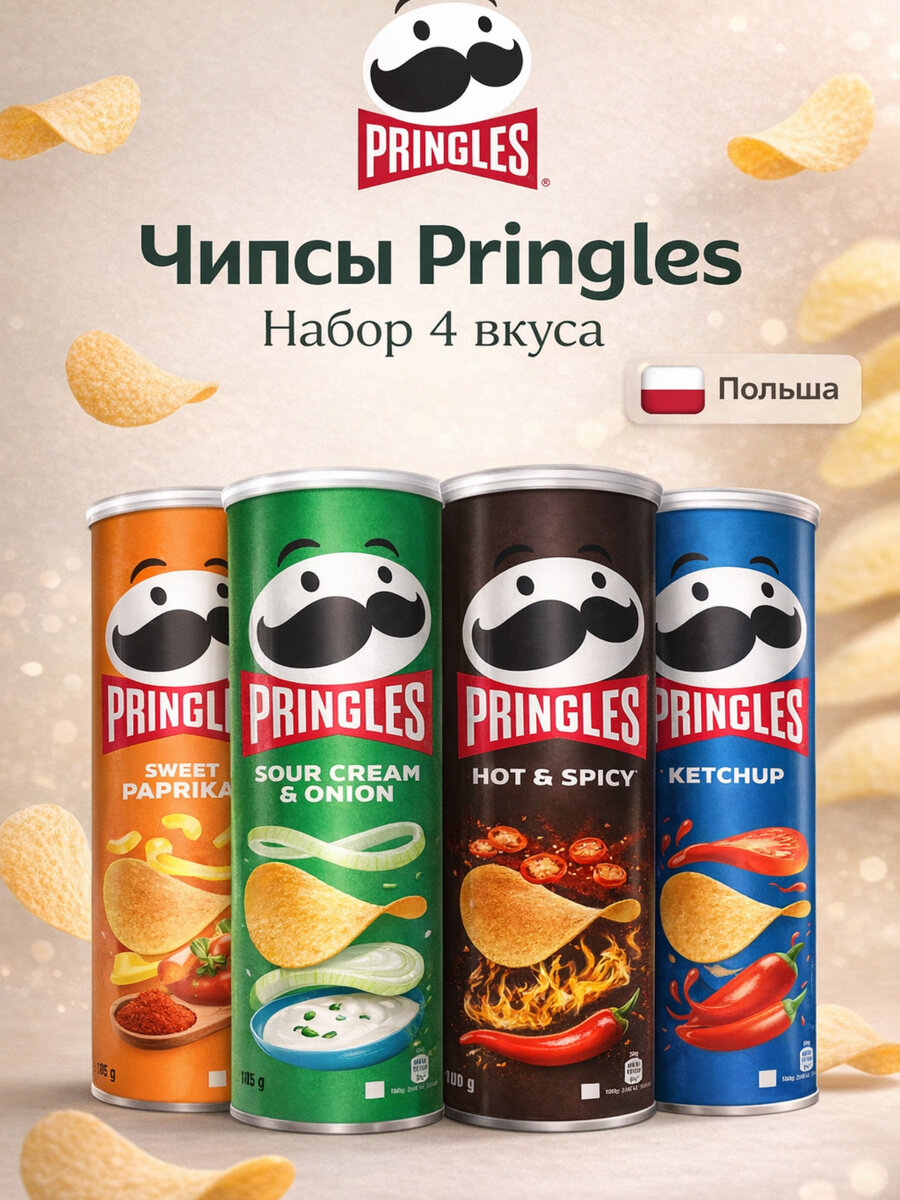Чипсы Pringles "Паприка, Кетчуп, Сметана лук и Хот & Спайси ", картофельные, в коробке, 165г