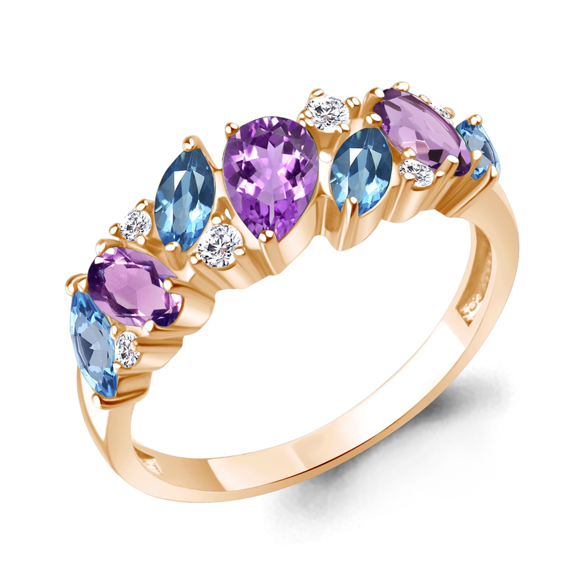 Кольцо, серебро, 925 проба, золочение, аметист, фианит, топаз