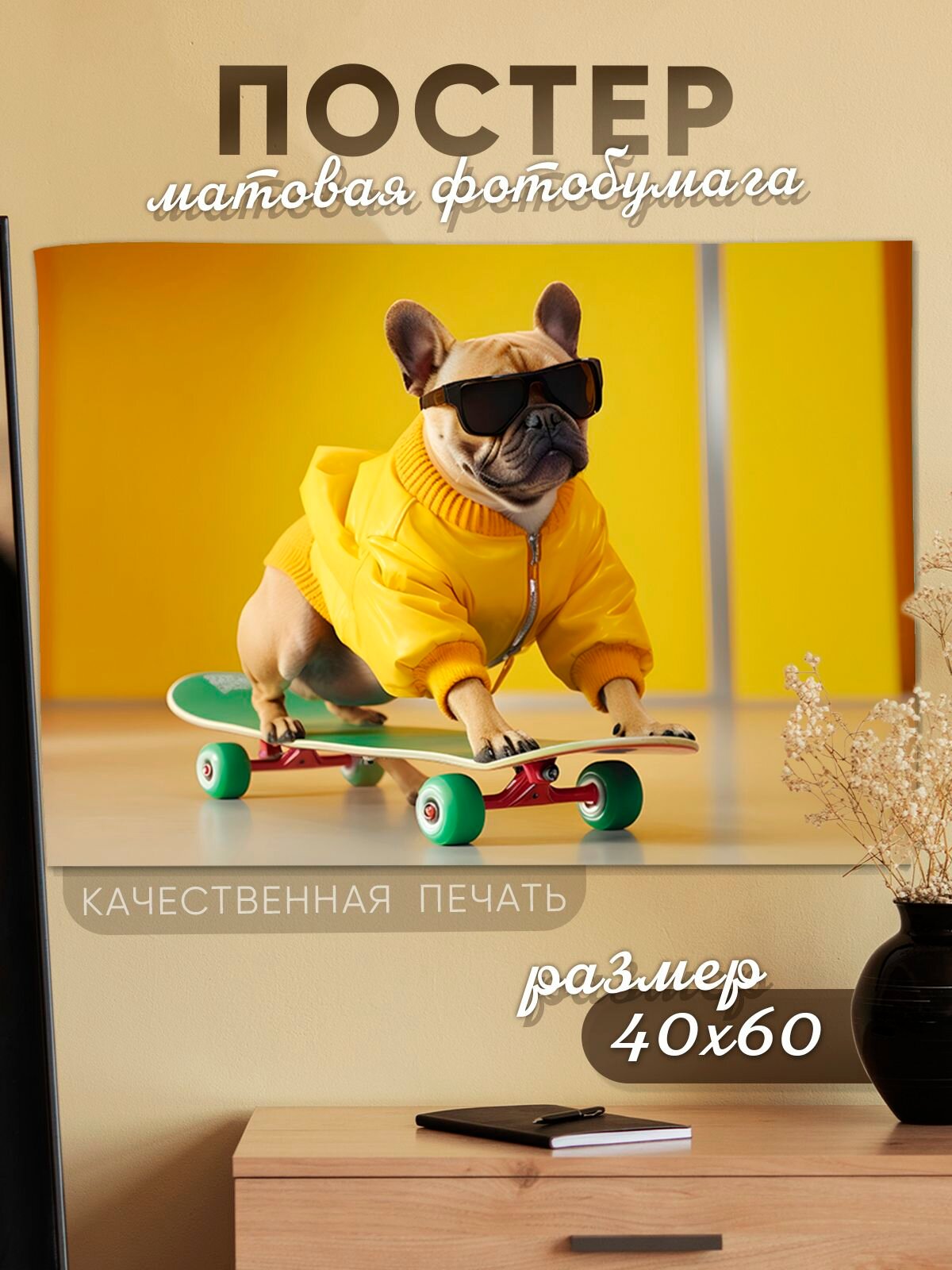 Постер собака Мопс на скейте в очках (30) 40х60