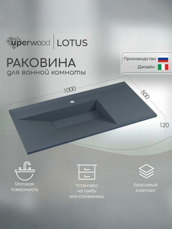 Uperwood Раковина для ванной кварцевая Uperwood Lotus Quartz 100х50х13 см, серая матовая, бетон 29192035