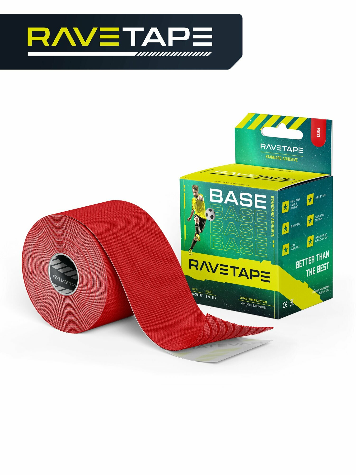 RaveTape BASE Красный, 5м х 5см, кинезио тейп, 1 шт. в упаковке