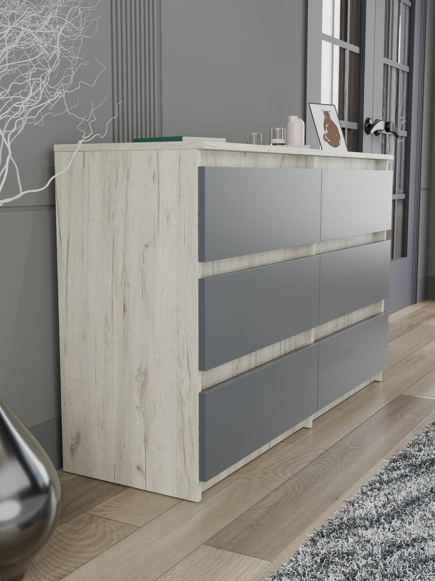 Комод для белья и одежды орлан 6 ящиков, 120х76.4х40 см, дуб крафт белый-графит