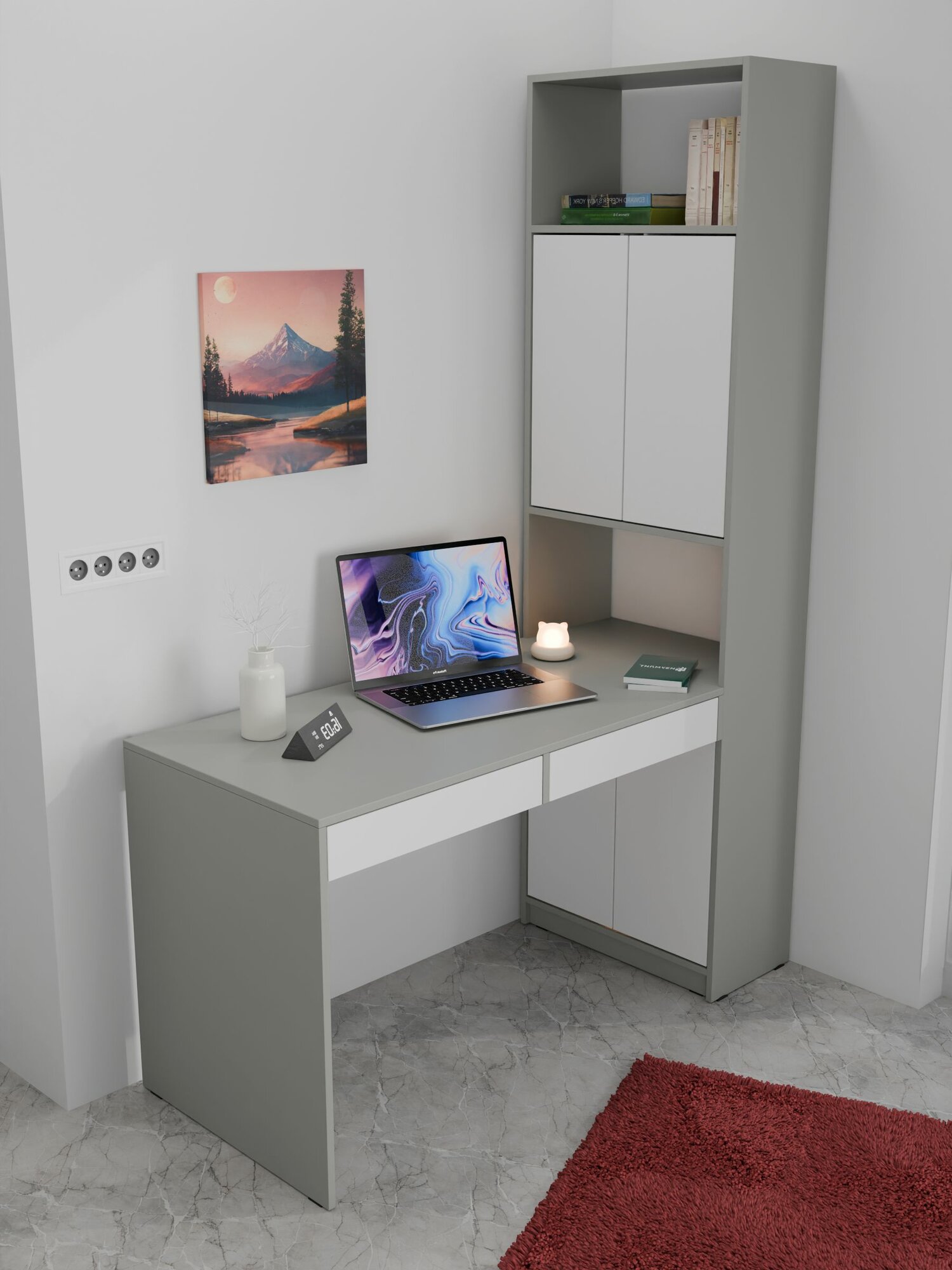 Изумлит Стол-стеллаж с дверьми письменный угловой, стеллаж справа 200х140х59.2 см, шиншилла серая-белый