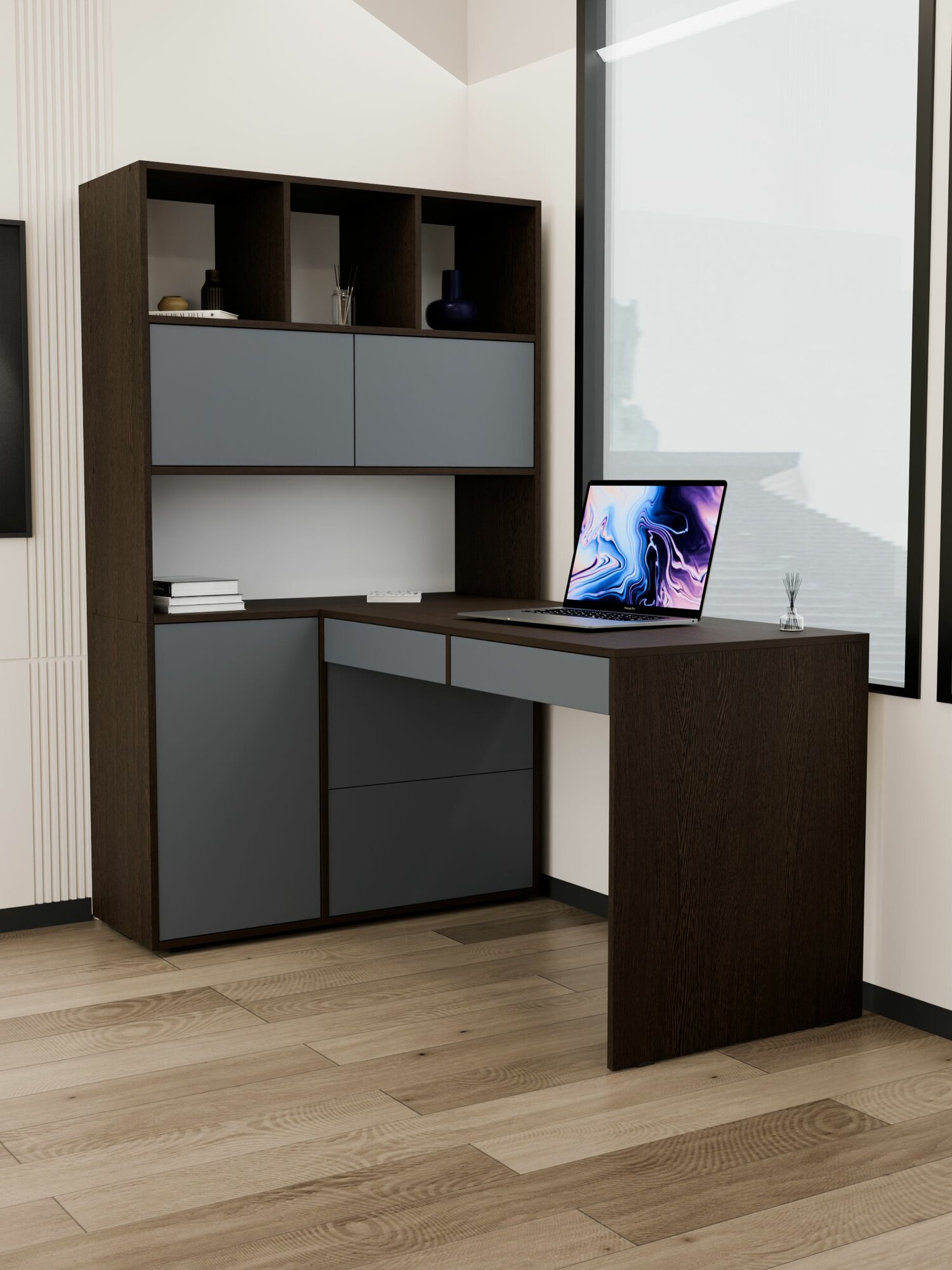 Изумлит Стол-шкаф письменный угловой для учебы и работы, шкаф слева 168х100х147.6 см, венге-графит