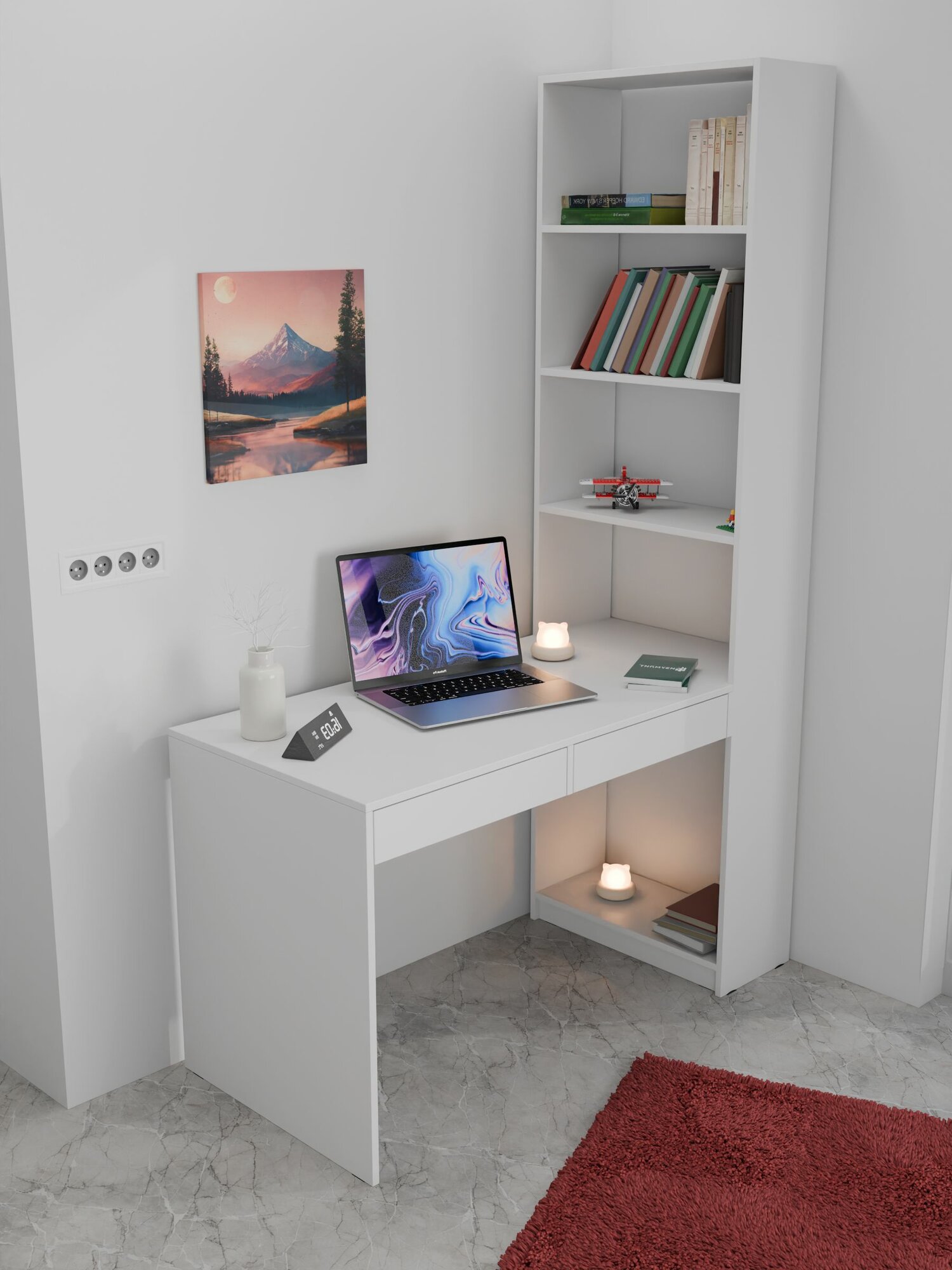 Изумлит Стол-стеллаж письменный угловой, стеллаж справа 200х130х59.2 см, белый