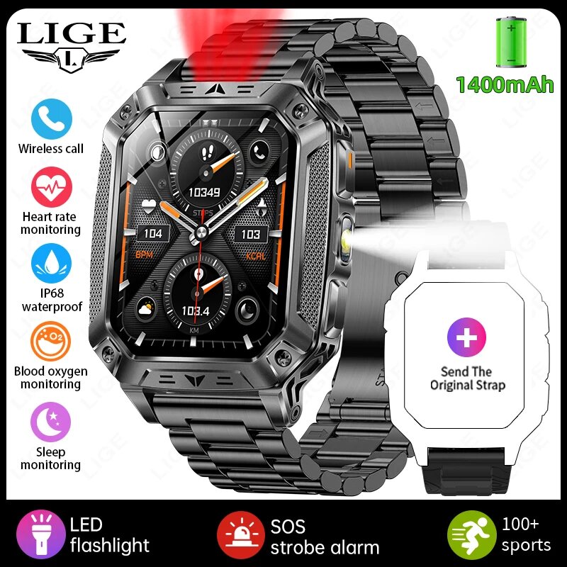 Мужские умные часы LIGE Military, Black Steel