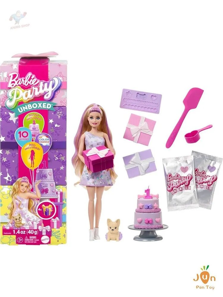 Кукла Барби mattel Barbie Party Unboxed Pet Birthday Series Doll / Барби Вечеринка Распаковка куклы и аксессуаров из серии 'День рождения питомца', набор праздничных бантов с 10 сюрпризами