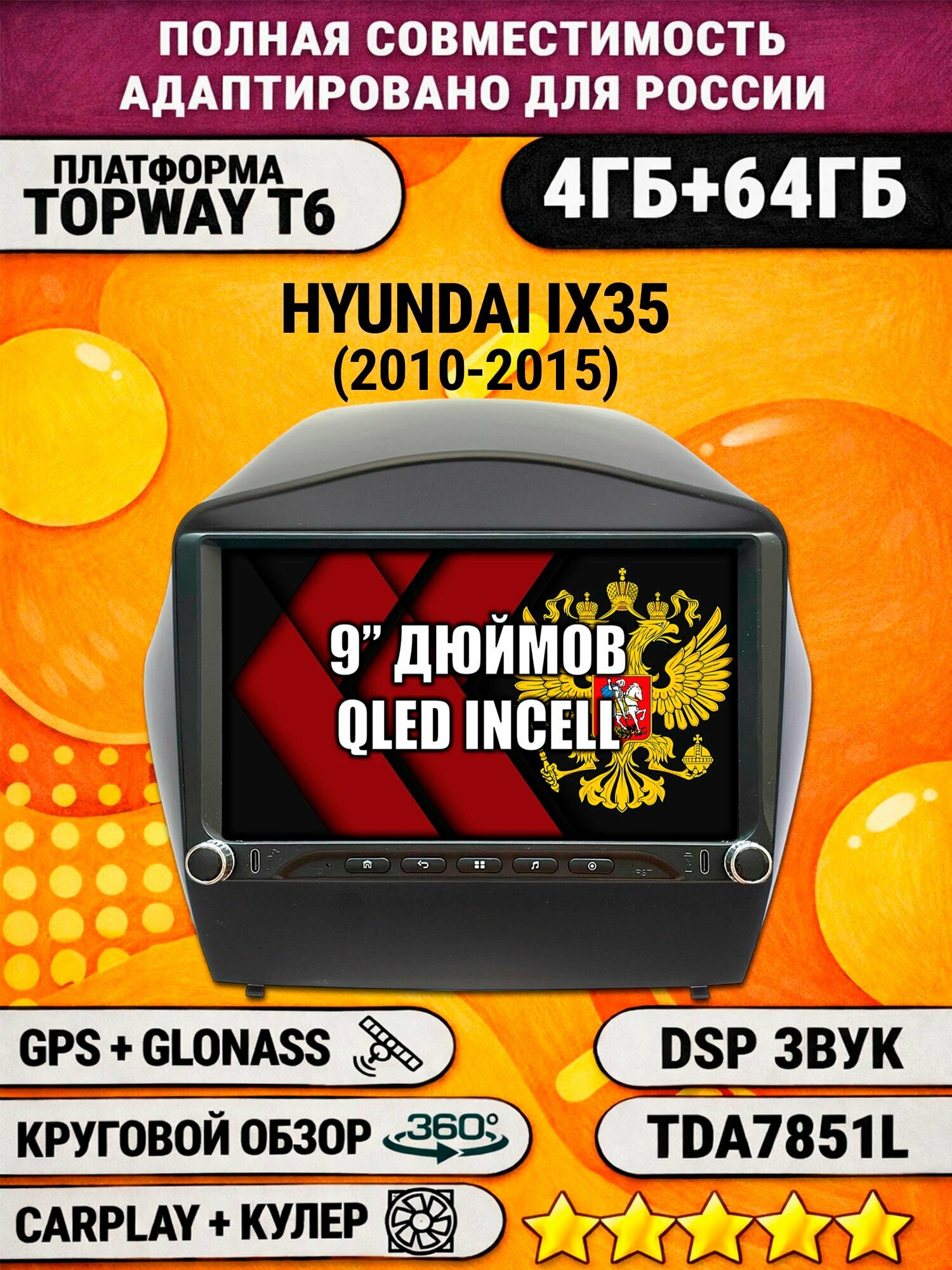 Штатная магнитола Андроид 9 для HYUNDAI IX35 (2010 2011 2012 2013 2014 2015), для комплектации без штатной родной навигации, 4/64гб, DSP, 360 обзор, беспроводной CarPlay и Android Auto, GPS и ГЛОНАСС
