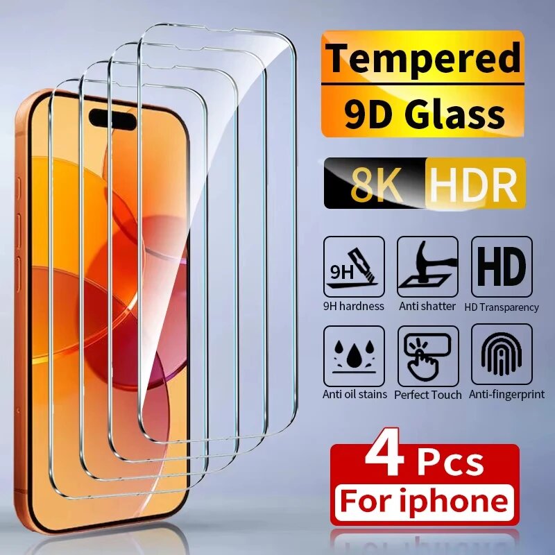 4 шт. закаленного стекла для iPhone 17, 15, 14, 11, 12, 13, 16 Pro Max Mini, защитное стекло для экрана iPhone 16, 18, 15 Plus, XR, X.