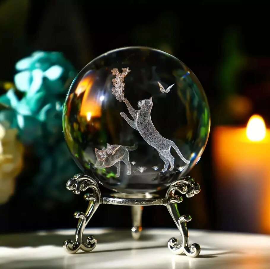 Хрустальный глобус с кошками 3D, Silver Base, Type M