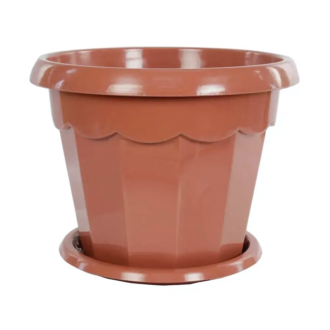 Горшок пластиковый 2,5л с поддоном, коричневый, для цветов и рассады