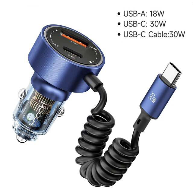 Автомобильное зарядное устройство Type-C+USB-A, Toocki, 60 Вт, 3A, PD/QC3.0, с пружинным кабелем Type-C