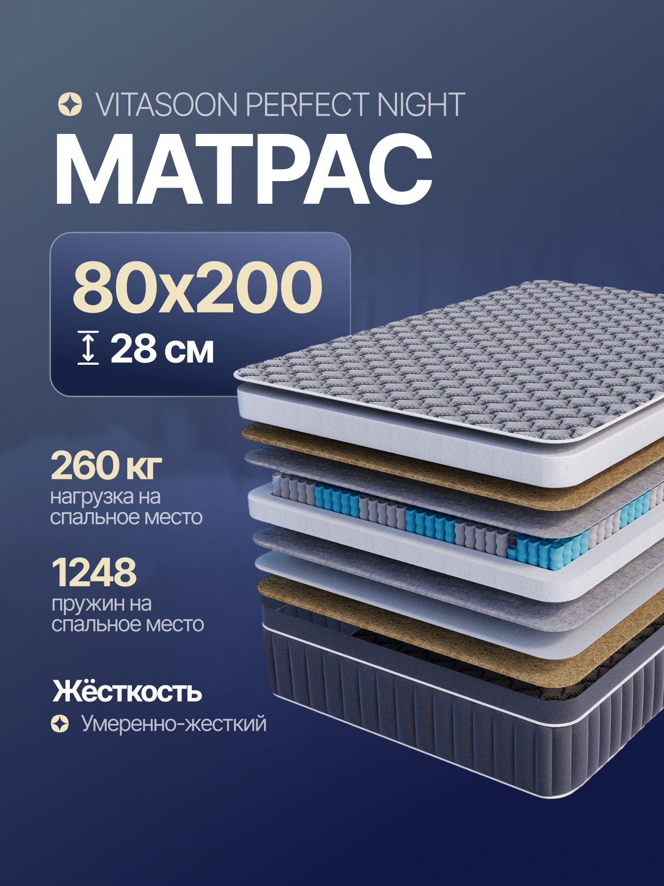 Матрас 80х200 ортопедический пружинный высота 28 см Vitasoon Perfect Night детский односпальный