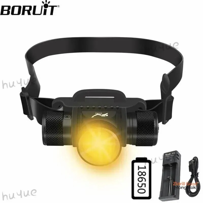 BORUIT Подводный фонарь Y2, светодиодный налобный фонарь для дайвинга с батареей 18650, желтый, черный