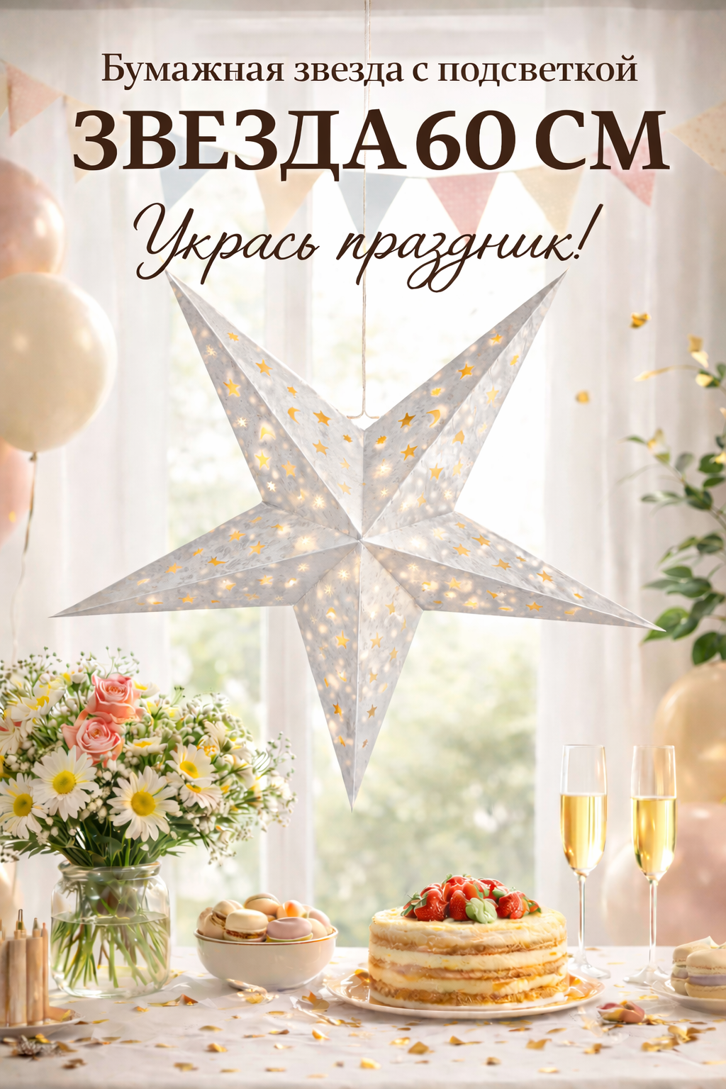 Звезда бумажная сборная с подсветкой/ декор для дома/ подвесная звезда/ светящаяся звезда/ (серебристый металлик)