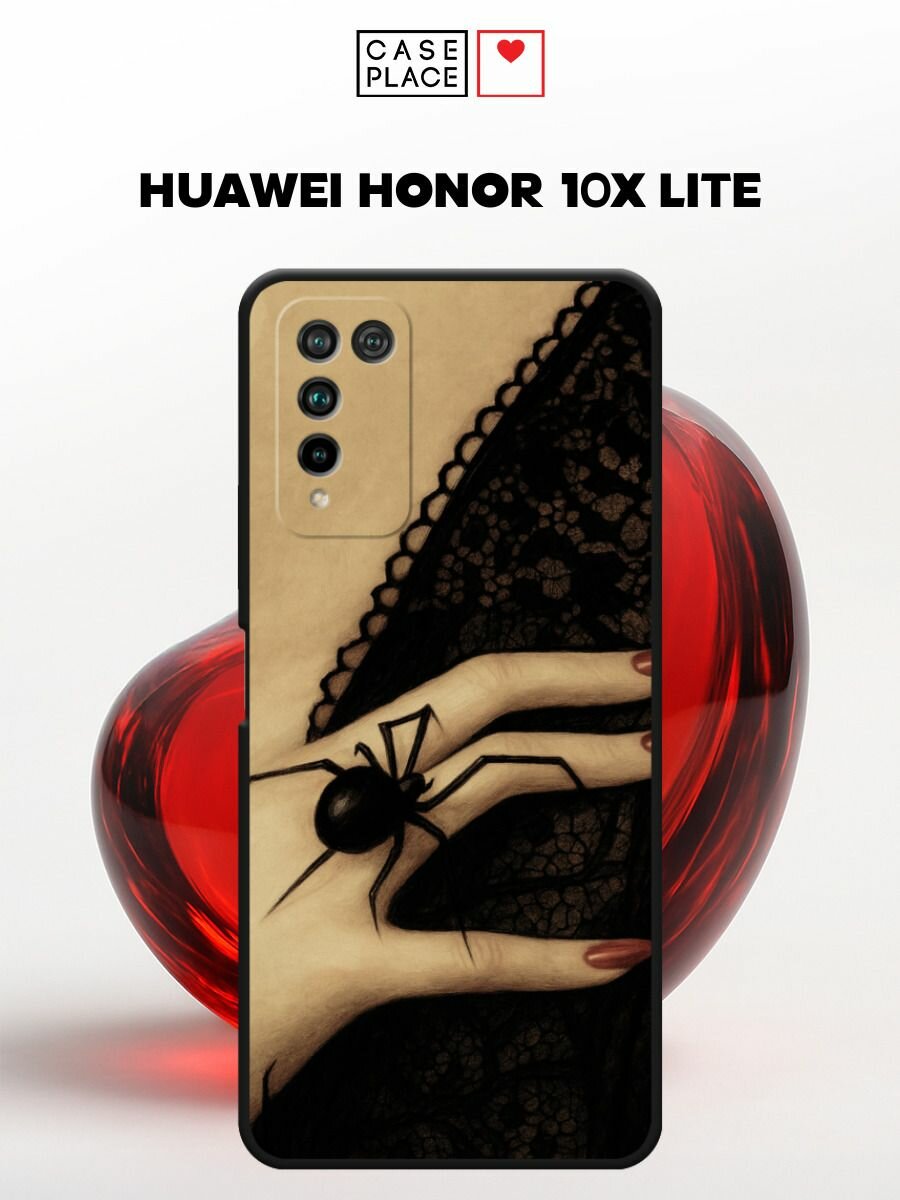 Черный матовый чехол на Honor 10X Lite / Хонор 10Х Лайт с принтом Черная вдова