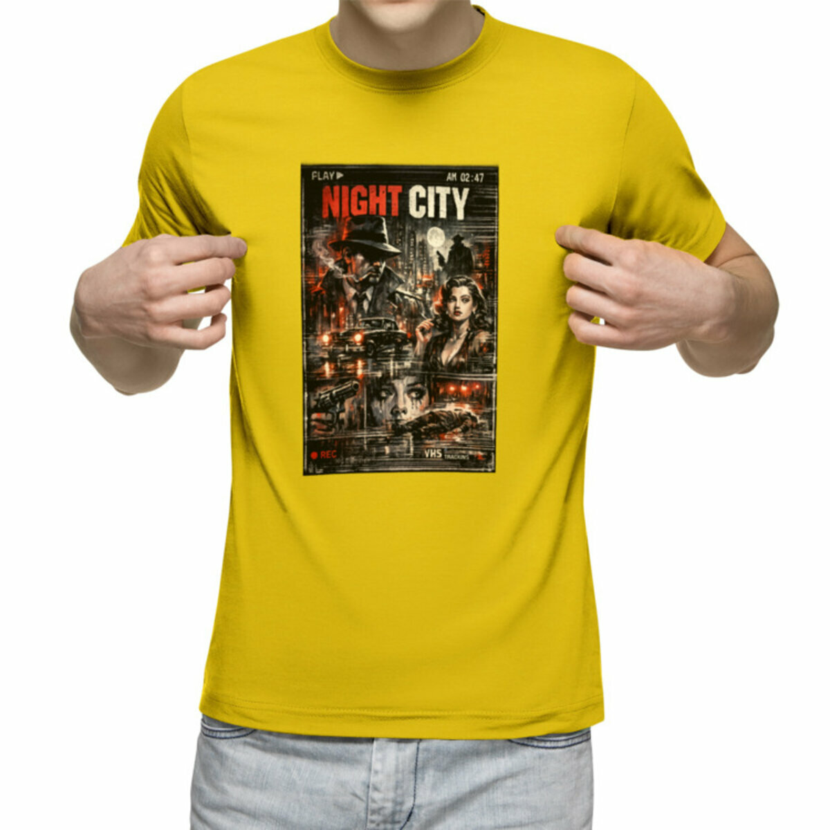 Мужская футболка «Night city в стиле нуар» (желтый, XL)