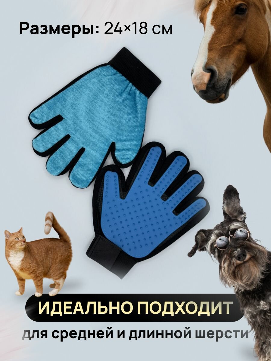 Перчатки (2 шт.) для вычесывания шерсти кошек и собак двухсторонние, цвет синий, бирюзовый