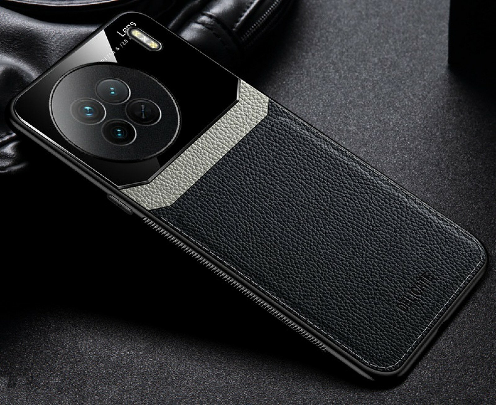 Чехол MyPads Generoso для Vivo X90 Pro из силикона с вставками эко-кожи и оргстекла, черный