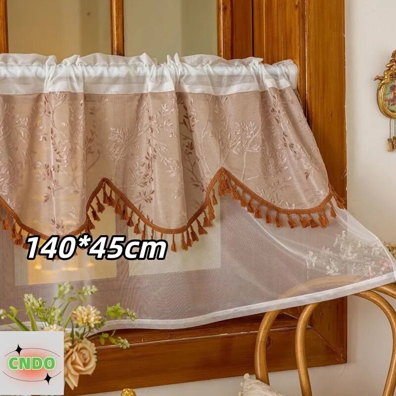 Короткая штора тюль для кухни 140х45 см коричневый с ламбрекеном цветочный