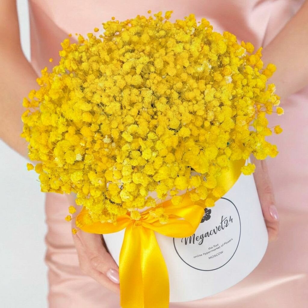 Букет Мегацвет24, "Жёлтые гипсофилы", 5 шт, стабилизированный, в шляпной коробке