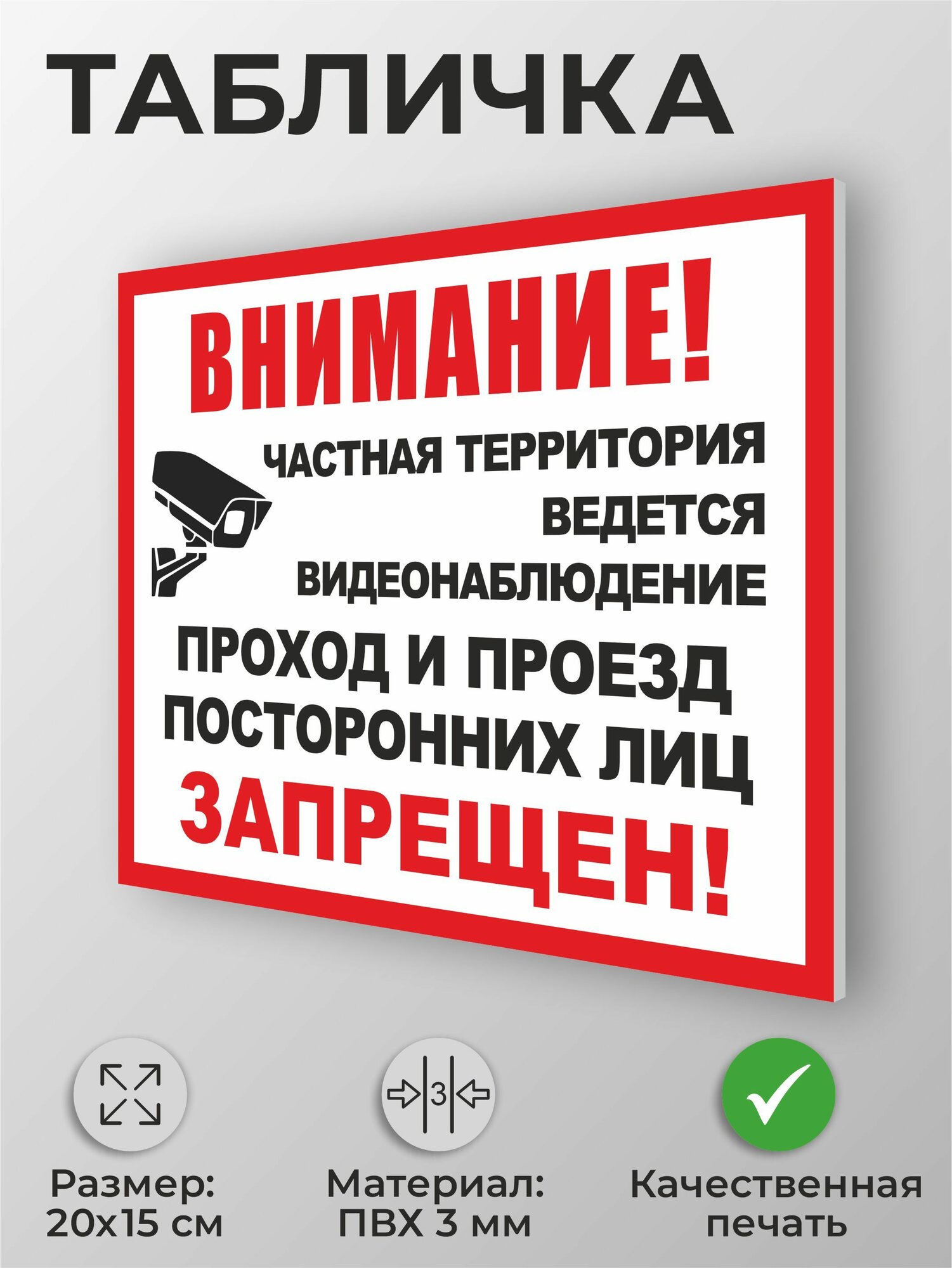 Табличка "Ведется видеонаблюдение Частная территория проход и проезд посторонних лиц запрещен" А5 (20х15см)