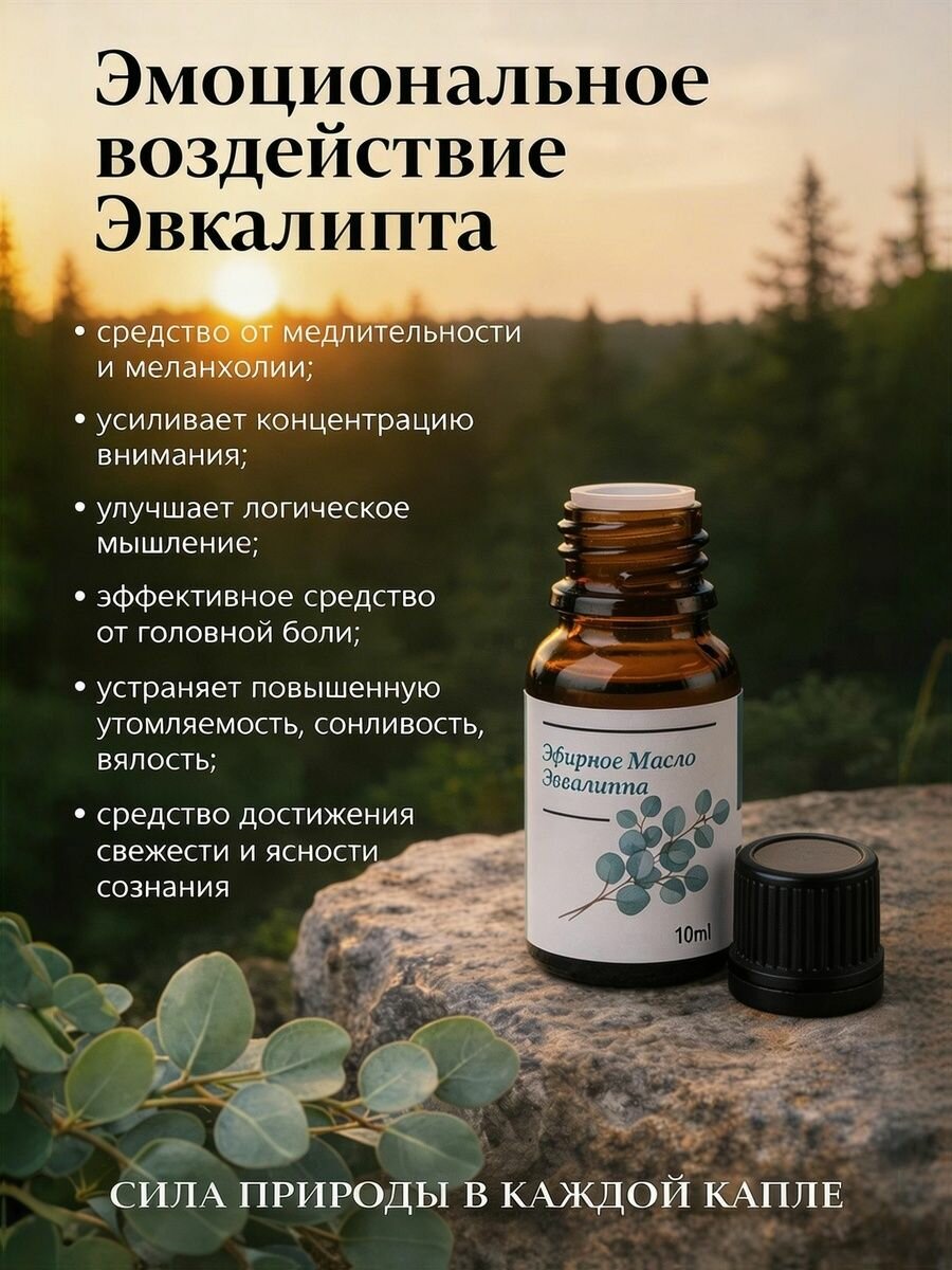 Натуральное, эфирное масло Эвкалипт 100 % ,10 мл, флакон темное стекло с капельницей — фото 1